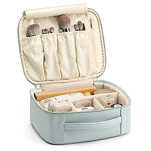 Vlando Makeup Bag, Travel Makeup Bags,Large Portable Make Up Bag Organzier with Dividers and Handle Gifts for Women Girls,Traveler,Christmas,Wedding Blue