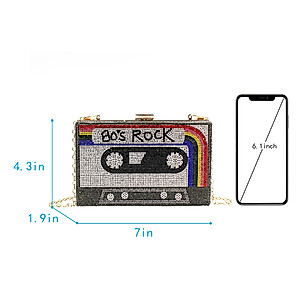 Van Caro Retro Cassette Tape Purse Rhinestone Box Evening Clutch Bag Crossbody Shoulder Handbag for Women,Deep Grey