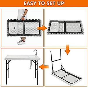 Outvita Fish Cleaning Table, Folding Portable Camping Table with Sink Stainless Steel Faucet Drainage Hose for Garden Patio Backyard BBQ White