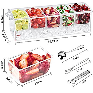 [Stainless Steel] 5 Spoons, 5 Forks and 1 Clip, Condiment Tray, Condiment Server, Caddy, Bar Garnish Holder on ice,Bar Accessories Fruit and Salad with Removable Trays with lid