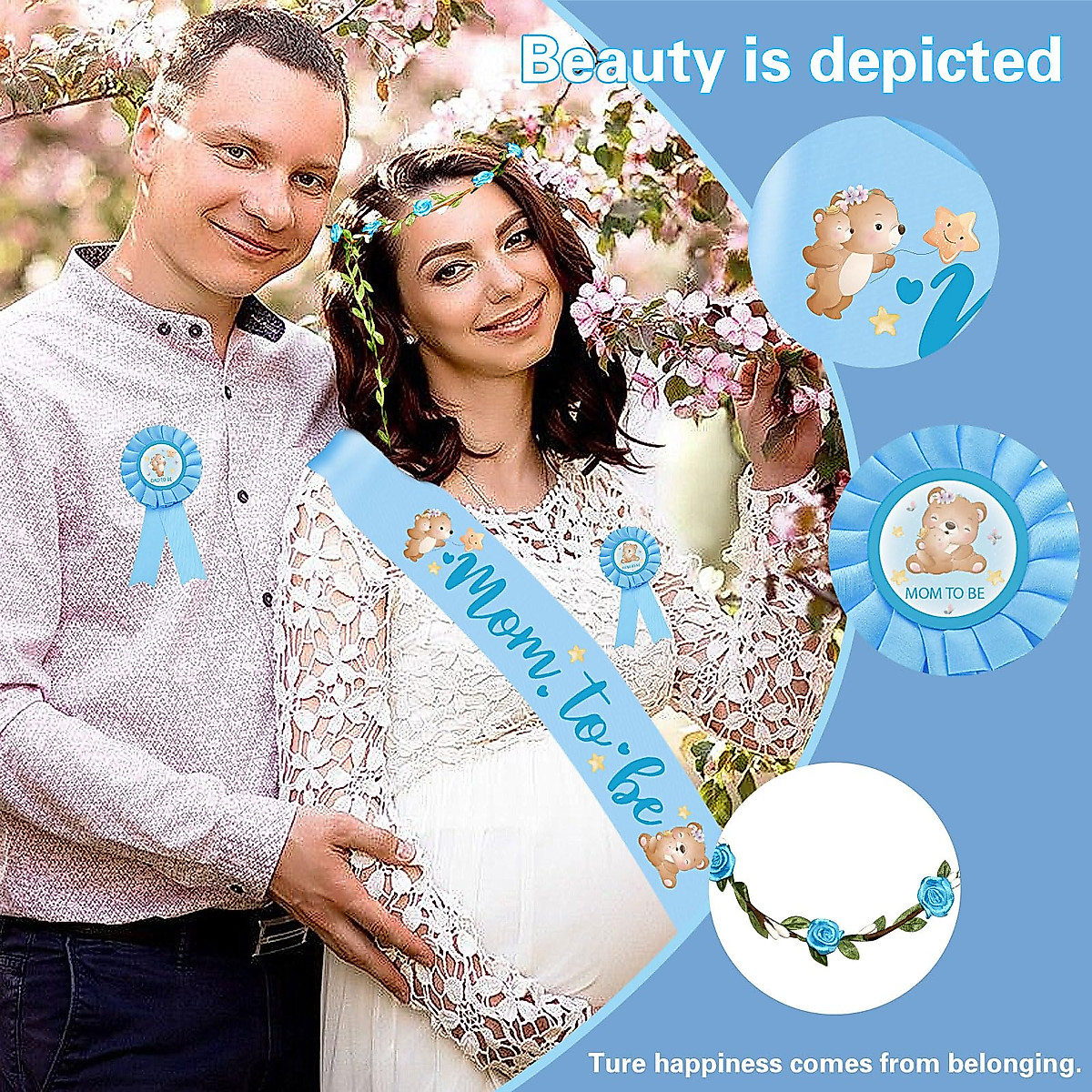 4pcs Bear Theme Mom to Be Sash baby shower Dad to Be Pin and blue Flower Crown for Gender Reveal Party Baby Shower Decorations for boys Pregnancy Props Keepsake Gifts