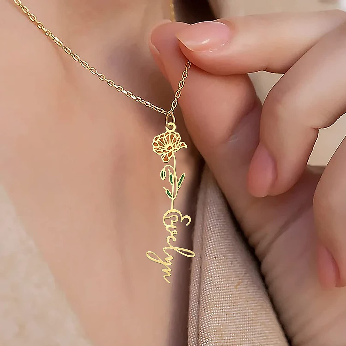 Malihome Custom Colorful Birth Flower Name Necklace,18K Gold Plated Personalized Women Jewelry,Bridesmaid Gifts For Mother Christmas Birthday (Design-1)
