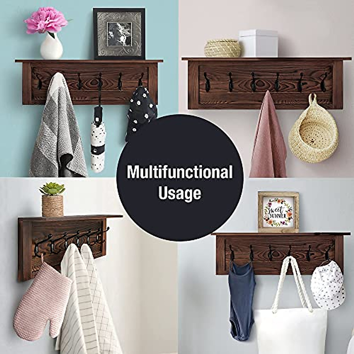 KIBAGA Decorative Coat Rack for Wall Mount - Large Hanger with Shelf and 6 Hooks to Simplify Your Home