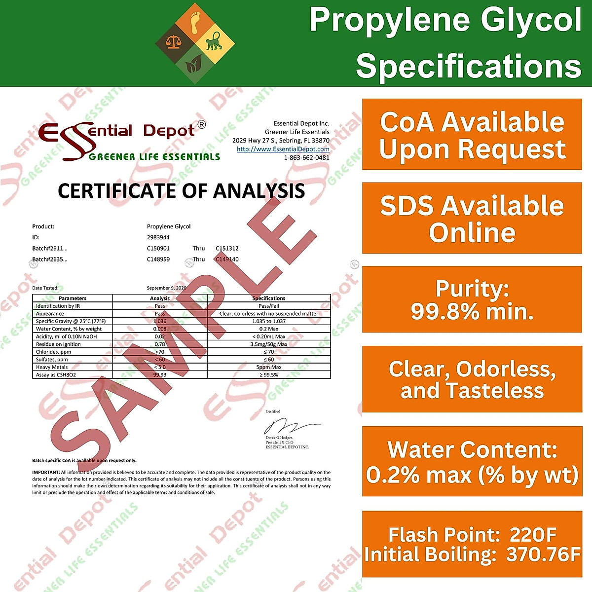 Propylene Glycol - USP - Kosher - Food Grade - USP - Kosher - 8 lb 9 oz net wt in a 1 Gallon Safety Sealed HDPE Container with resealable Cap