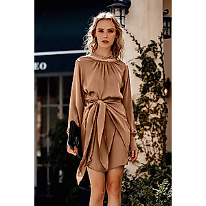 PRETTYGARDEN Women's Spring Satin Dress Long Sleeve Tie Waist Elegant Cocktail Party Mini Fall Dresses(Khaki,Small)
