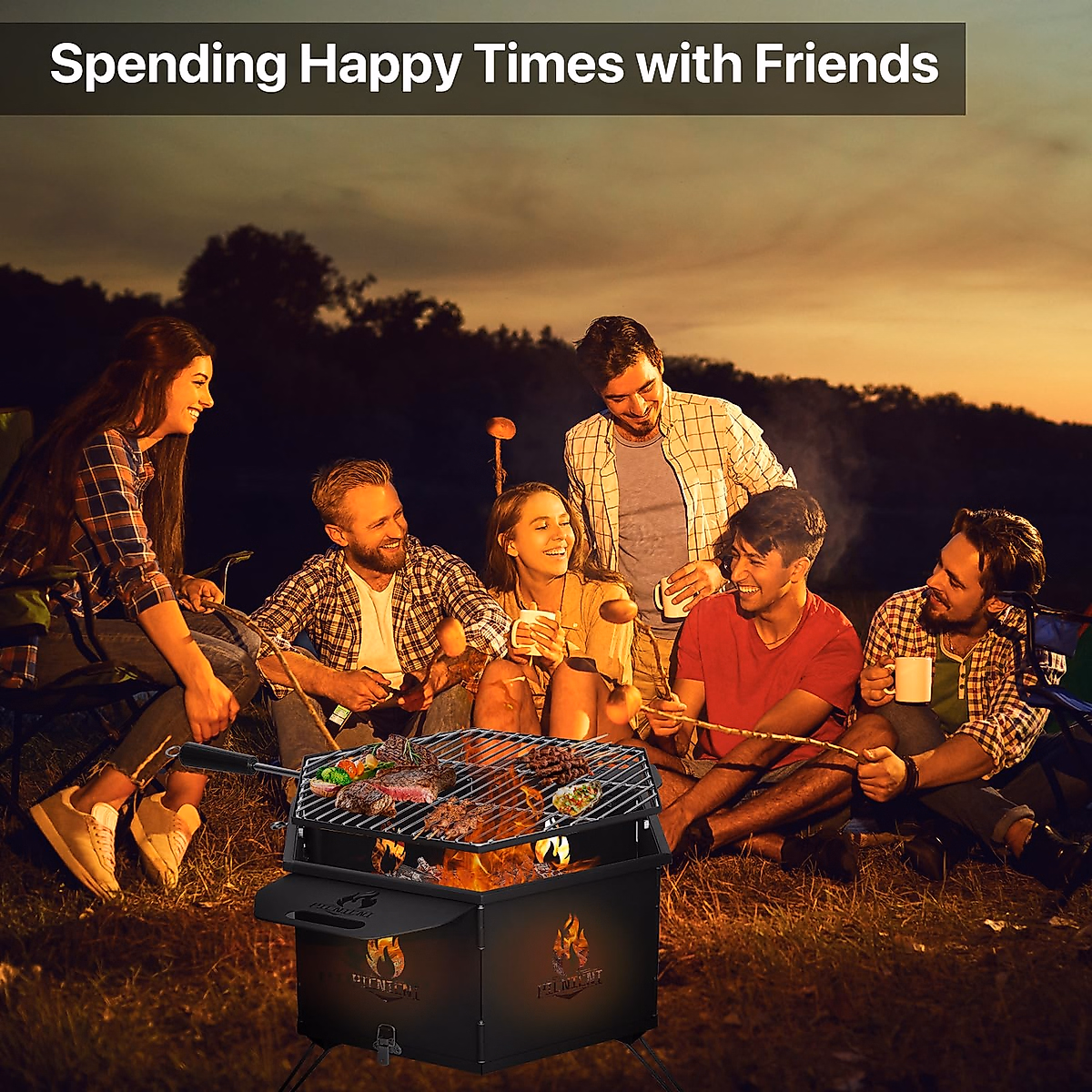 Fire pit with Grill Portable Wood Burning Fire Pits Metal Fire Pit are Used for Garden Picnic, Camping Bonfire, Backyard Parties, BBQ& Outdoor Firepit,Black