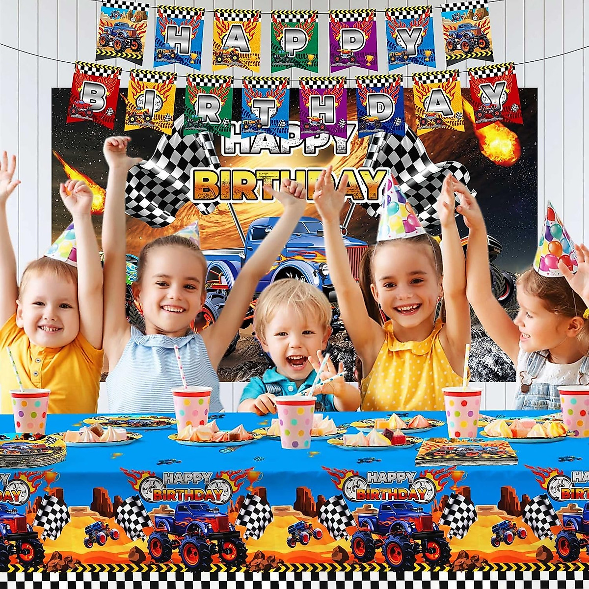 83Pieces Truck Birthday Party Supplies, Truck Birthday Party Decorations Include 1Pc 5*3FT Truck Backdrop, 1Pc 71*42inch Tablecloth, 1Pc Banner, 40Pcs 7" Plates and Napkins for Boy Birthday Party
