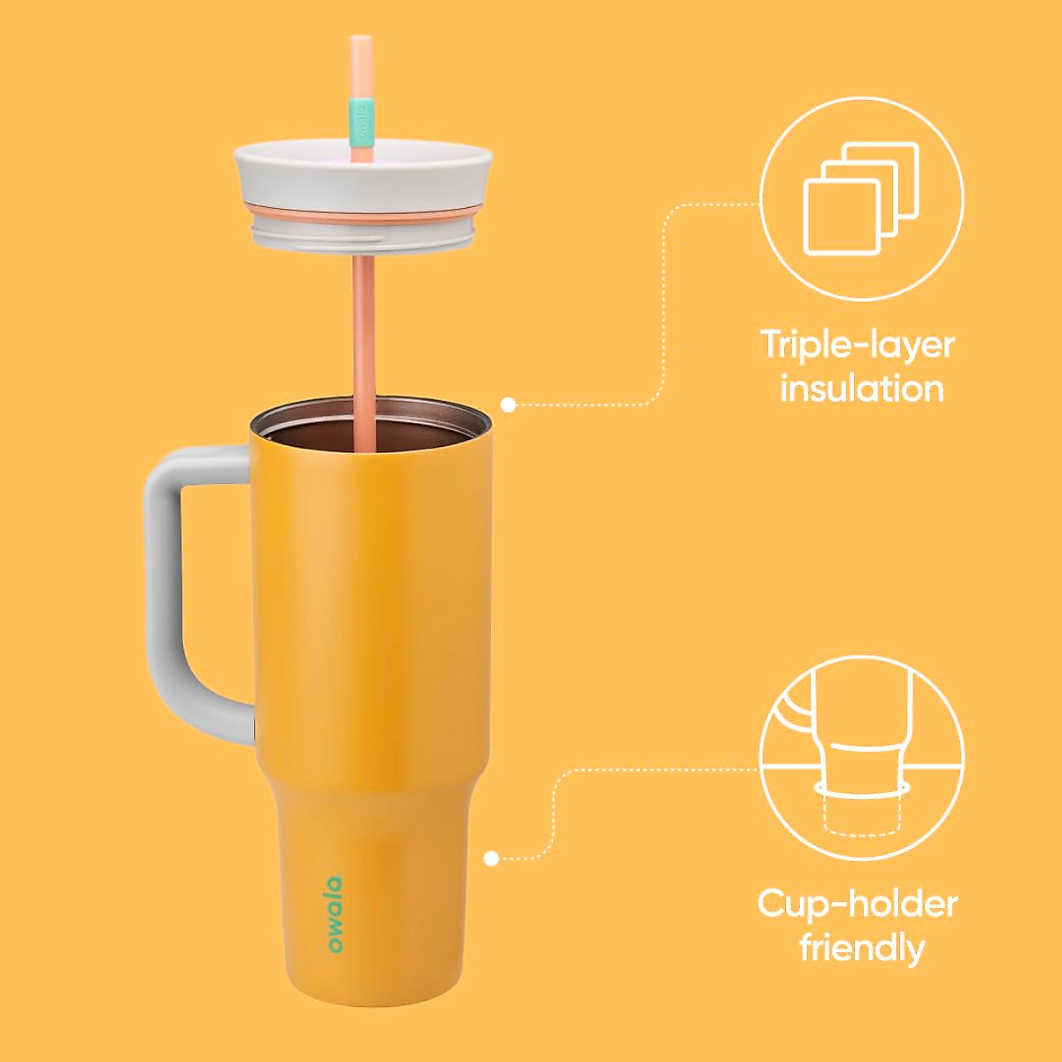 Owala Stainless Steel Triple Layer Insulated Travel Tumbler with Spill Resistant Lid, Straw, and Carry Handle, BPA Free, 40 oz, Orange (Tropical)