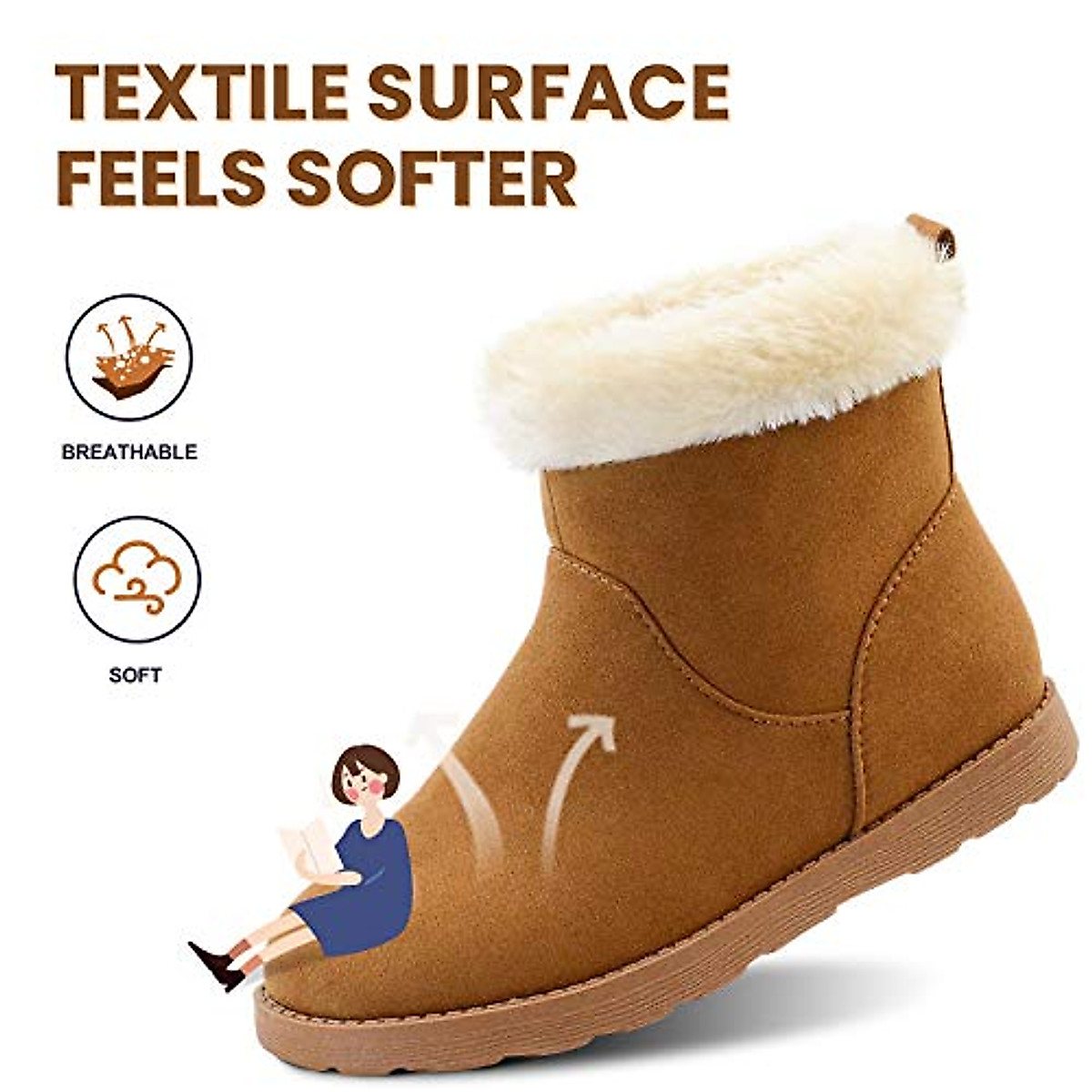 Girls Boots Warm Ankle Winter Boots Kids Soft Plush Lining Fur Collar with Zipper Snow Bootie Indoor Outdoor Shoes for Girls Big Kid 3 US Brown