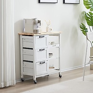 White Mobile Cart on Wheels Coffee Bar w/2 Drawers Kitchen Island Cart with Storage,Rolling Serving Utility Trolley Cart On Wheel with 3 Drawers and 3 Storage Shelves, Kitchen Serving Cart for Bar