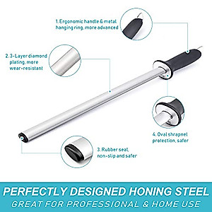 12 Inch Diamond Honing Steel, G-TING Professional Knife Sharpener Rod Kitchen Diamond Sharpening Rod Stick Tungsten Carbide Sharpener for Honing Knife Blades, Chef Knives, Pruning Shears, Garden Tools