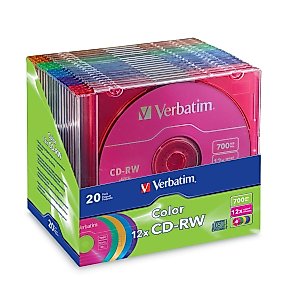 Verbatim CD-RW 700MB 2X-12X Color Rewritable Media Disc - 20 Pack Slim Case - 96685,assorted