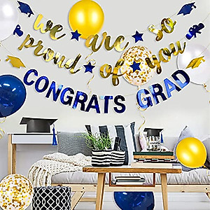 Navy Blue Gold 2023 Graduation Party Decorations We are So Proud of You Congrats Grad Graduation Banner Graduation Cap Diploma Star Garland Backdrop for Congratulations 2023 Grad Party Supplies