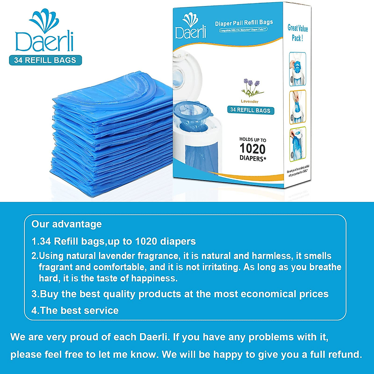 Diaper Pail Refill Bags,Fully Compatible with Arm&Hammer Disposal System Seal and Toss Diaper Pail Refills,Holds up to 1020 Diapers 34 Pack (Lavender)