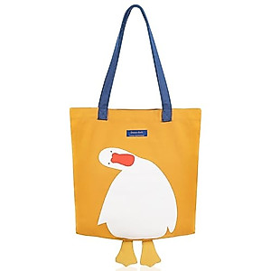 MEETPET Cute Canvas Tote Bag for Women and Teen Girls, Reusable Cotton Cloth Bag for Lunch Grocery School Shopping and Beach (Shoulder Carry Yellow Duck)