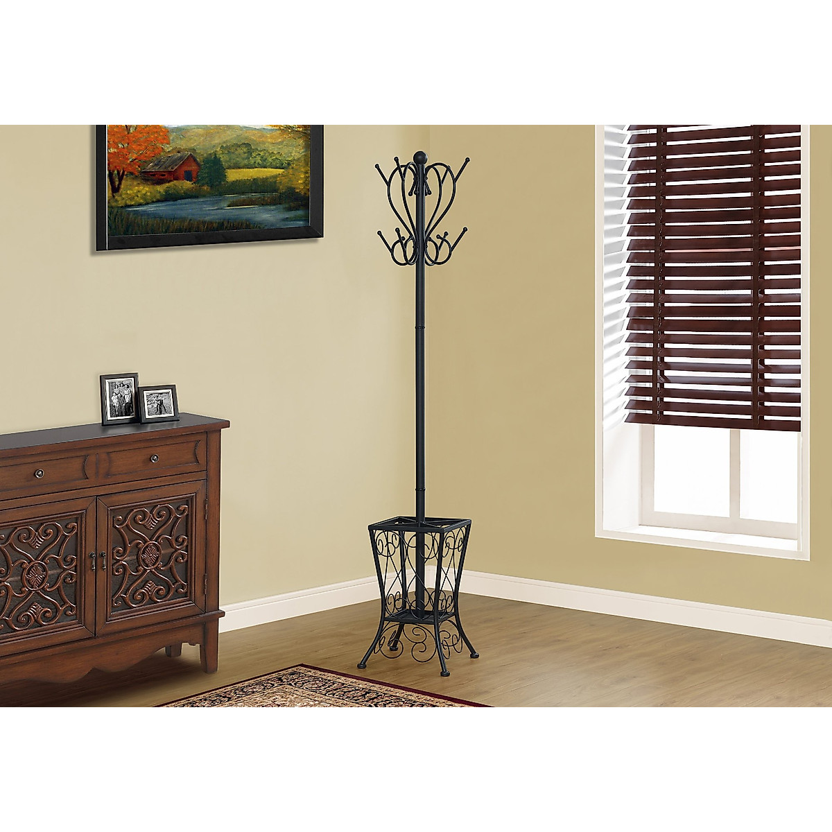 Monarch Specialties 2060, Hall Tree, Free Standing, 8 Hooks, Entryway, 71" H, Umbrella Holder, Bedroom, Metal, Black, Transitional Coat Rack