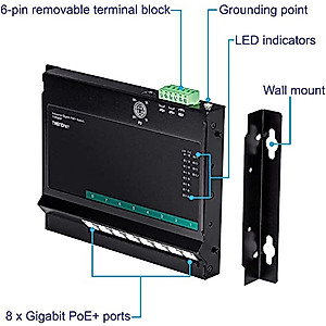 TRENDnet 8-Port Industrial Gigabit Poe+ Wall-Mounted Front Access Switch, TI-PG80F, 8X Gigabit Poe+ Ports, DIN-Rail Mount, 48 –57V DC Power Input, IP30, 200W Poe Budget, Lifetime Protection