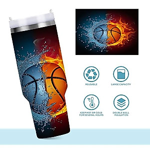 RPLIFE Fire Water Basketball Stainless Steel Coffee Tumbler, Insulated Coffee Cups with Lids, Tumblers for Women