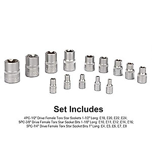 CASOMAN 14 Pieces Female E-TORX Star Socket Set, Female External Star Socket Set, E4 - E24 Torque Socket Set, 1/4"Dr. 3/8"Dr. 1/2"Dr.