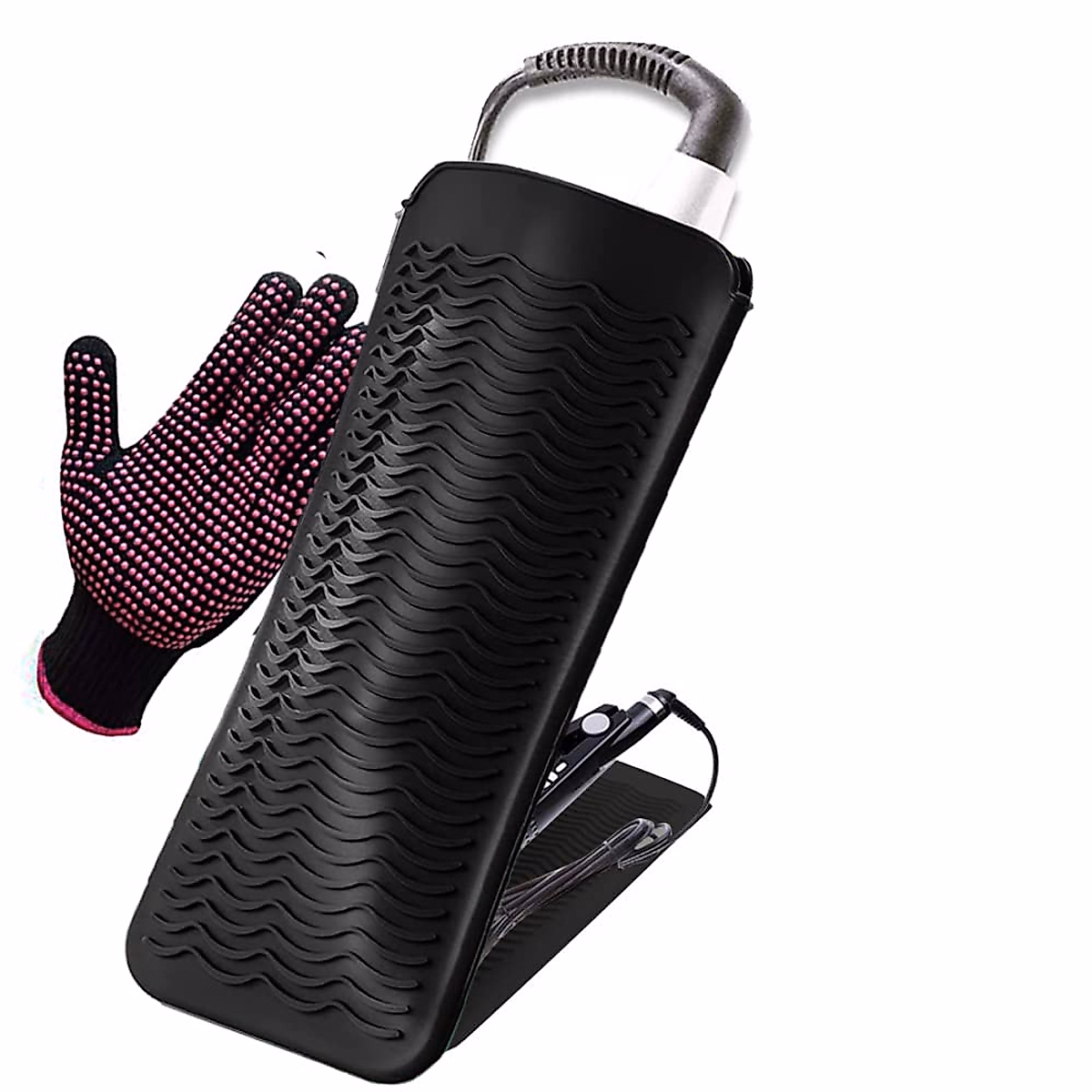 Heat Resistant Silicone Mat and Glove Set for Hair Straighteners and Flat Irons - 11" x 6" Mat, 8.7" x 5.2" Bump Glove, Black