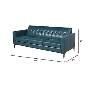 MAKLAINE 86" Top Grain Genuine Leather Tufted 3 Seater Sofa, Mid Century Modern Couch with Excellent Craftsmanship, Turquoise