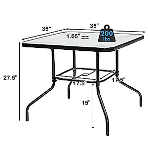 Tangkula 5 Piece Patio Dining Set, Outdoor 35 Inches Square Tempered Glass Table with 1.65 Inches Umbrella Hole and 4 Stackable Dining Cushioned Chairs, Suitable for Poolside, Backyard, Garden
