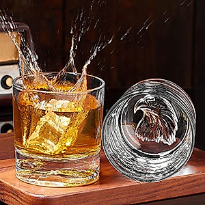 HAUNIO Whiskey Glasses Set of 4, 10 Oz Old Fashioned Crystal Whiskey Glasses with Eagle Pattern, Thick Bottom and Luxury Box for Scotch, Bourbon, Liquor, Cognac and Cocktails, Gifts for Father Men