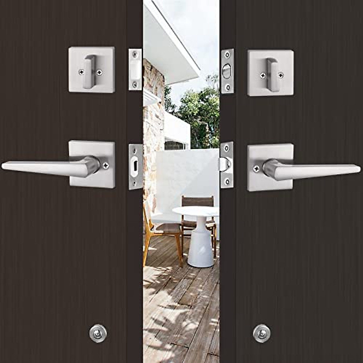 HISAFE Front Door Handle Double Door Lock Set with Camelot Trim in Satin Nickel, Entrance Handle Set with Deadbolt and Lever, X-2018SET