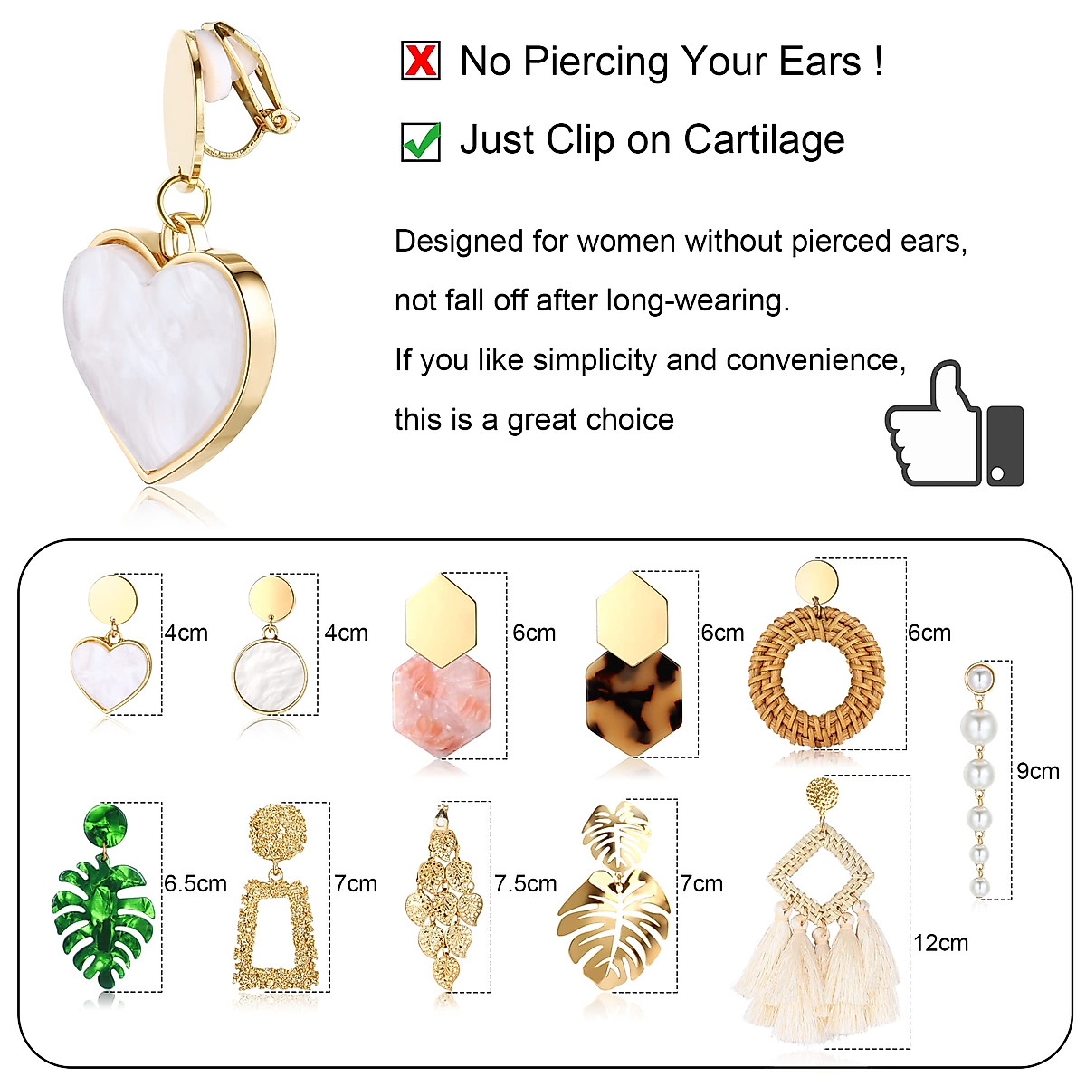 LOLIAS 11Pairs Clip On Earrings for Women,Bohemian Statement Earrings Geometric Rattan Tassel Hoop Heart Pearl Dangle Earrings Palm Leaf Dangle Earrings Tropical Clipon Earrings Non Piercing