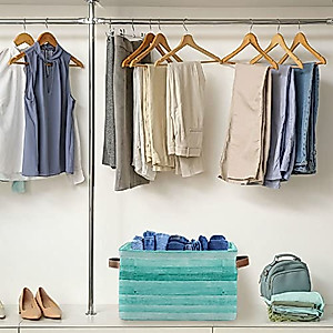 ALAZA Teal Turquoise Green Wood Large Storage Basket with Handles Foldable Decorative 1 Pack Storage Bin Box for Organizing Living Room Shelves Office Closet Clothes