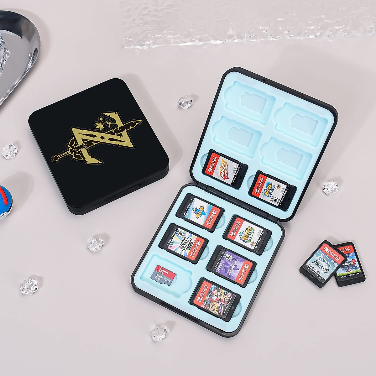 DLseego Zelda Sword Game Case for Switch Lite/Switch/Switch OLED, 12 Slots Game Cards Holder and 12 Micro SD Card Slots, Cartoon Portable Game Card Storage Cartridge Box -- Black