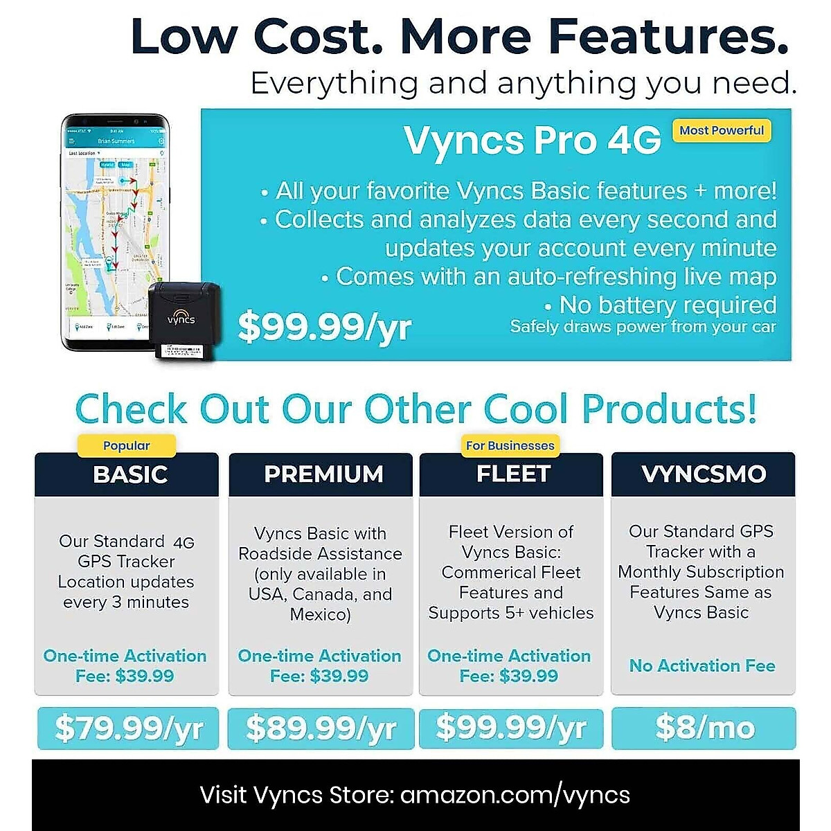 VyncsPro 4G No Monthly Fee 60 Seconds GPS, Live Map, Trip Replay, OBD GPS Tracker for Cars, Real Time GPS, 1 Year Data SIM, Teen Driving Alert Car Health Recall Fuel Report Activation Fee Reqd