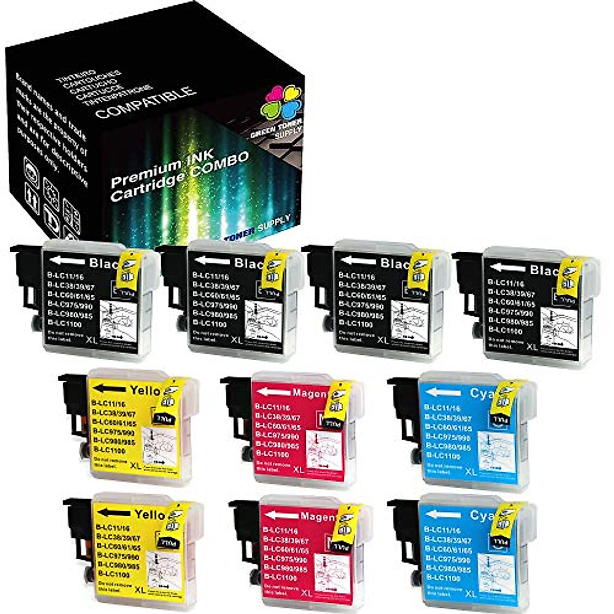 Green Toner Supply (Pack of 10) Compatible Replacement for LC61 LC65 LC-61 LC-65 Ink Cartridge LC 61 65 61/65 High Yield (4B/2C/2Y/2M) for MFC-J410W MFC-J415W MFC-J615W MFC-J630W Inkjet Printer