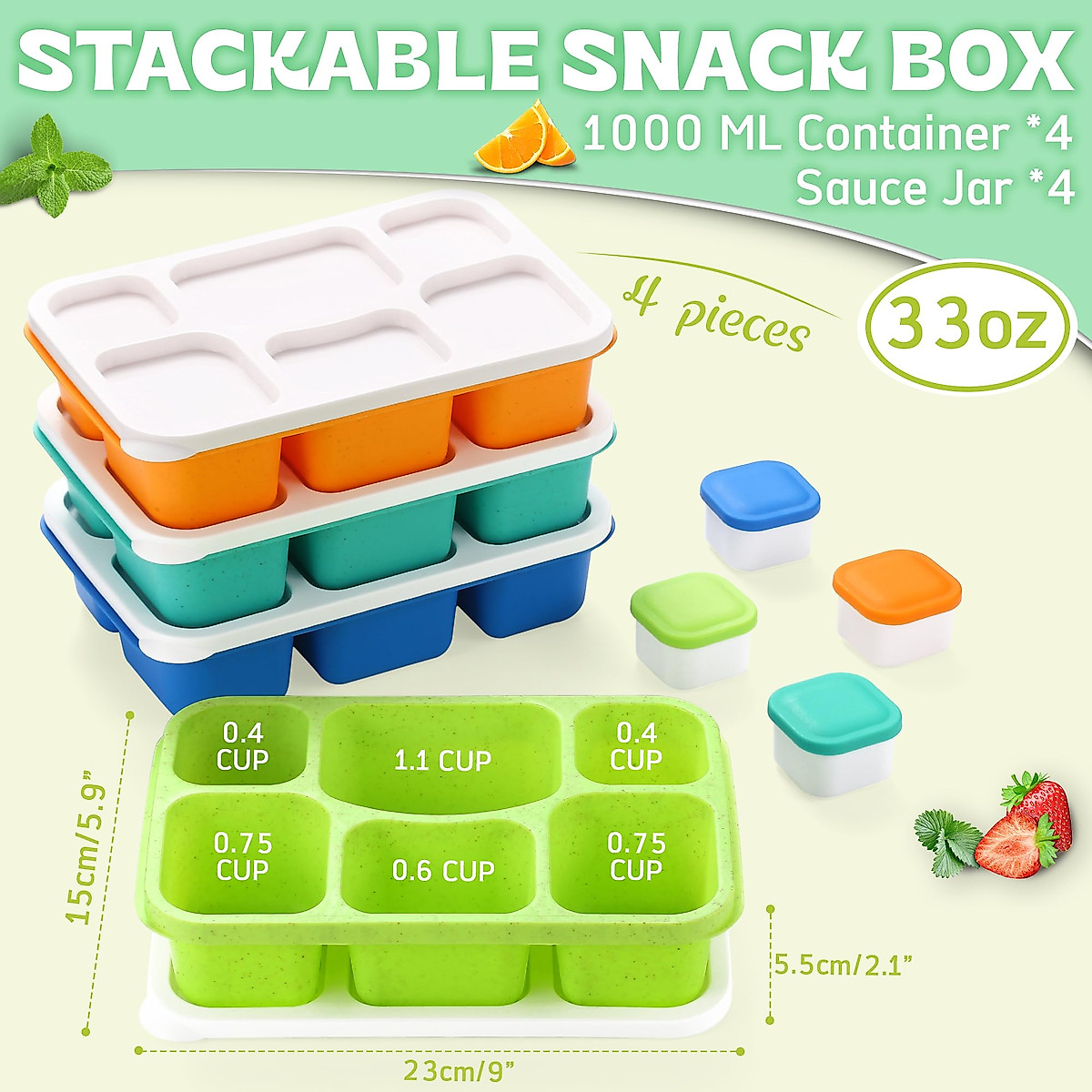 Bento Lunch Box Snack Containers, Reusable Meal Prep Lunchable Containers for Adults Kids, Stackable Bento Snack Box 4 Pack, 6 Compartment Divided Food Containers, Sauce Container, Bright Colors