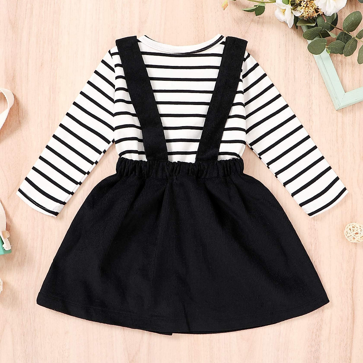 YOUNGER TREE Toddler Baby Girl Fall Outfit Long Sleeve Stripe T-shirt and Strap Dress Overall with One Pocket Clothes Sets (Black, 18-24 Months)