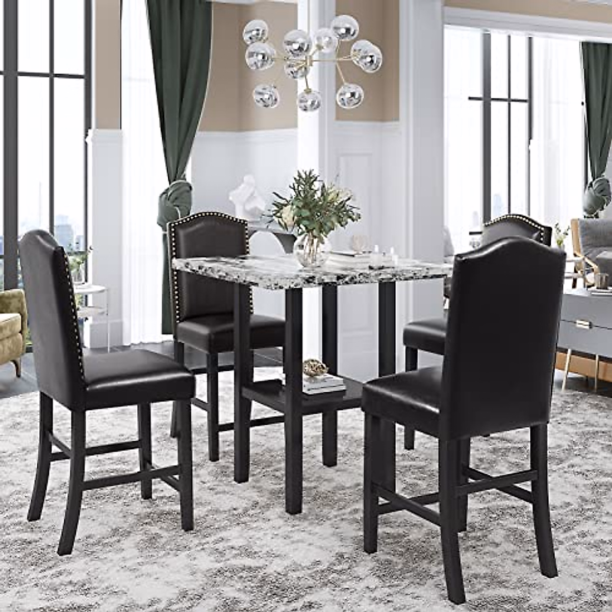 AYTTPG Modern 5 Piece Dinette Set with Matching Chairs and Bottom Shelf for Dining Room, Sturdy Wooden Frame, Marble Pattern Veneer, Chairs with Nail Head Trim, Easy Assembly, Black Chair+Gray Table