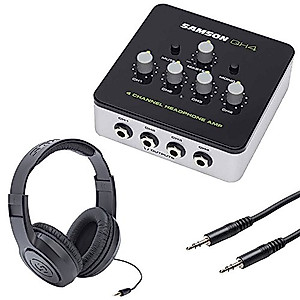 Samson QH4 4-Channel Studio Headphone Amplifier + Stereo Headphones + Stereo Interconnect Cable, 10 feet - Top Value Amplifier Bundle