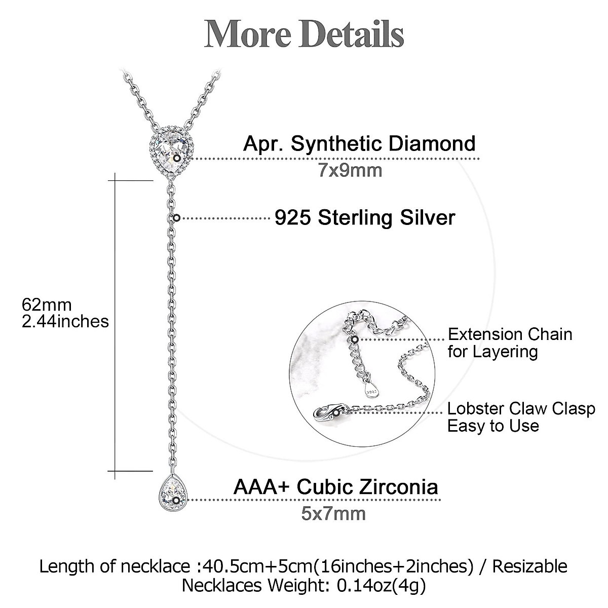 FOCALOOK 925 Sterling Silver CZ Teardrop Lariat Necklace 16"-18" Y Drop Adjustable April Birthstone Synthetic Diamond Necklaces for Women