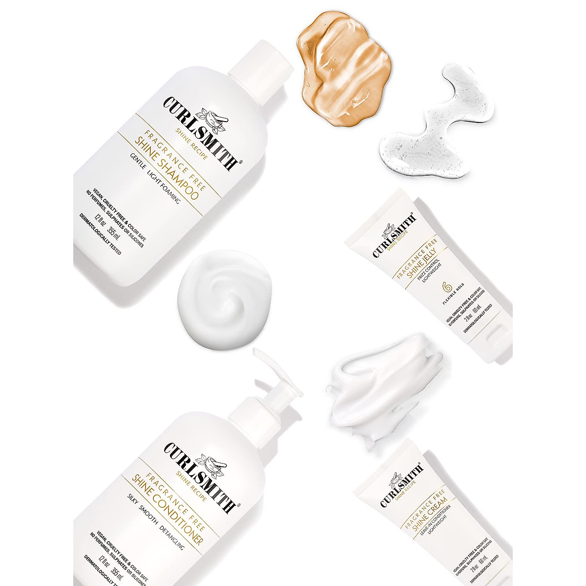 Curlsmith - Shine Kit, Shampoo, Conditioner, Jelly & Cream, Sensitive, Fragrance Free, for All Curl and Hair Types, Vegan, 2 x 12 fl oz, 2 x 2 fl oz