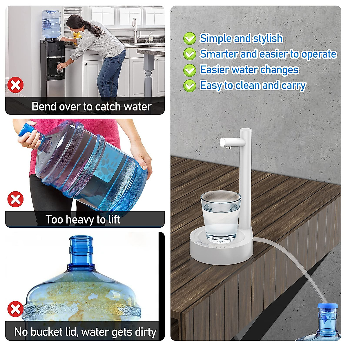 BABORUI Desktop Water Dispenser, 7 Quantitative Levels Electric Bedside Water Dispenser for 5 Gallon Bottle & Universal Bottle, Automatic Off Water Jug Dispenser with Jug Cap for Home, Office, Outdoor