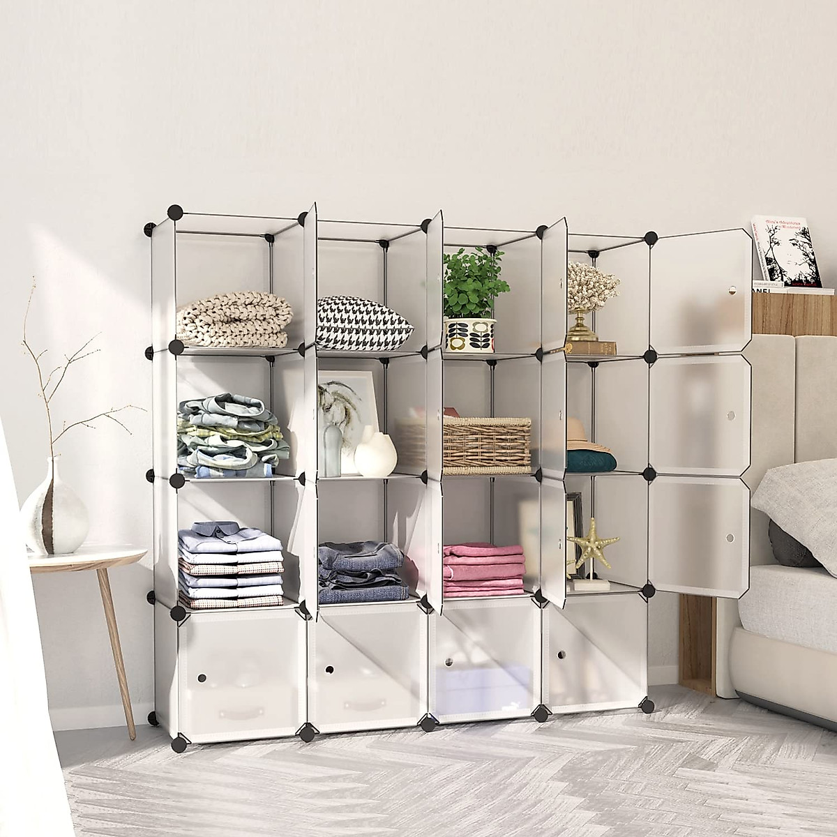 BASTUO Cube Storage Organizer with Doors, Stackable Plastic Cube Storage with Door for Livingroom, Bedroom and Office (16 Cubes,White)