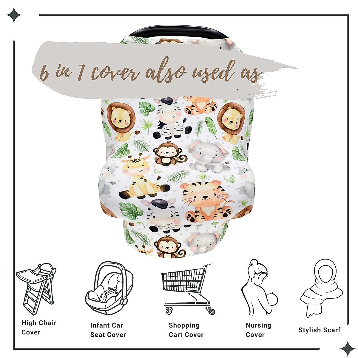 Terriboo Nursing Cover for Newborn Breastfeeding Multi Use Infant Stroller Canopy Unisex Baby Car Seat Cover High Chair Cover Shopping Cart Cover for Baby Boy and Girl (Zoo)