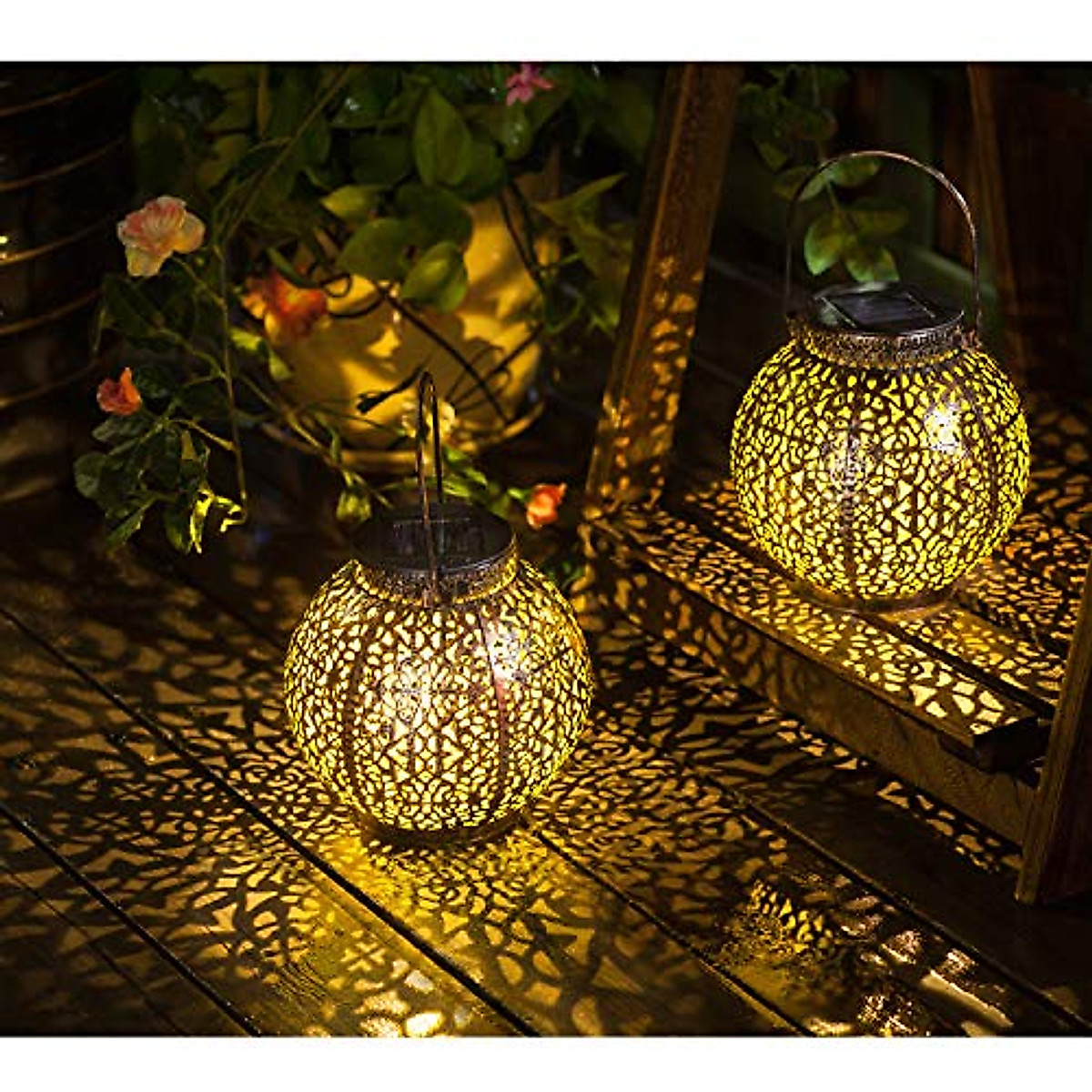 Homeimpro 2 Pack Solar Lantern Hanging Garden Outdoor Lights Metal Waterproof LED Table Lamp