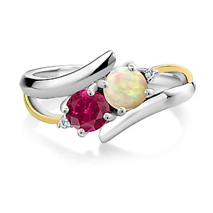 Gem Stone King 925 Sterling Silver & 10K Yellow Gold Round Cabochon White Ethiopian Opal Red Created Ruby & Lab Grown Diamond Women Ring (1.32 Cttw, Available In Size 5, 6, 7, 8, 9)