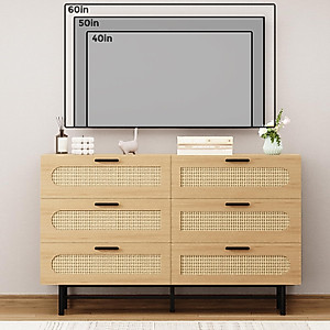 MAISONPEX 6 Drawer Dresser for Bedroom Wooden, Natural Rattan Double Dresser Chest of Drawers, Wide Wood Dressers for Nursery, Bedroom, Hallway, Living Room