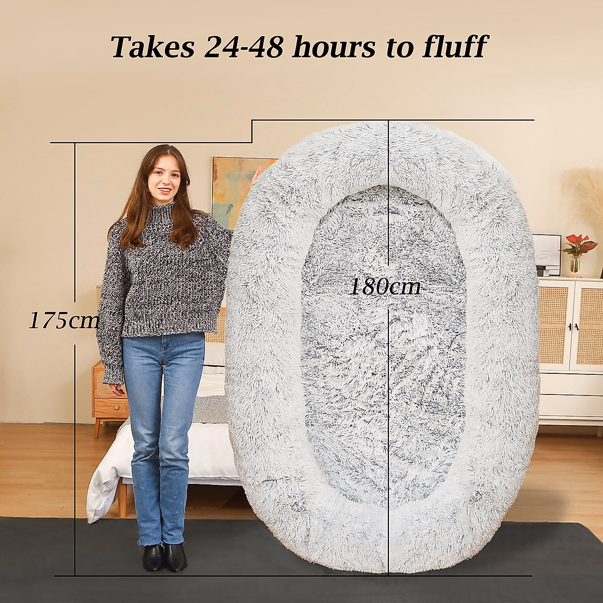 Human Dog Bed, 71"x45"x12" Orthopedic Washable Humans Size Bed, Faux Fur Plush Bed for Human Adults Doze Off, Napping with Blanket - Grey