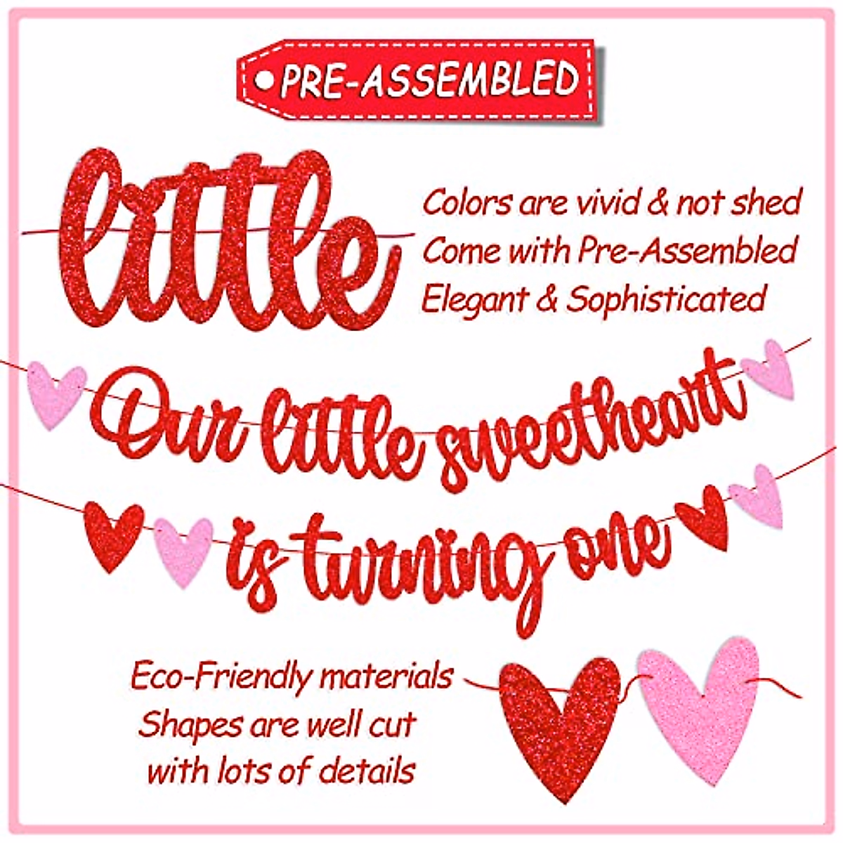 Valentine's 1st Birthday Banner Our Little Sweetheart is Turning One Heart Love Romantic Decorations for 1st One Year Old Kids Boy Girl Happy Bday Party Supplies