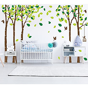 Large Five Family Trees with Birds and Birdcage Jungle Tree Wall Decal Removable Vinyl Sticker Mural Art Baby Girl Nursery Decor Baby Room Decor Kids Room Decor (103.9x70.9) (Brown)