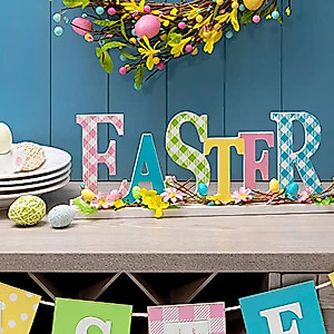 Glitzhome Plaid Wooden Easter Table Sign Decor with Flowers and Rattan, 16" L, Multi-Color