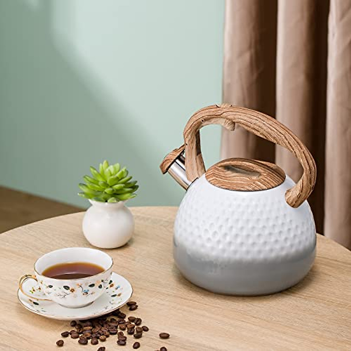 Tea Kettle, Stovetop Teapot, 2.7 Quart, Loud Whistle, Food Grade Stainless Steel and Smooth Wood Pattern Handle, Sophisticated Look for Hiking, Picnic, for Tea, Coffee, Milk (White)